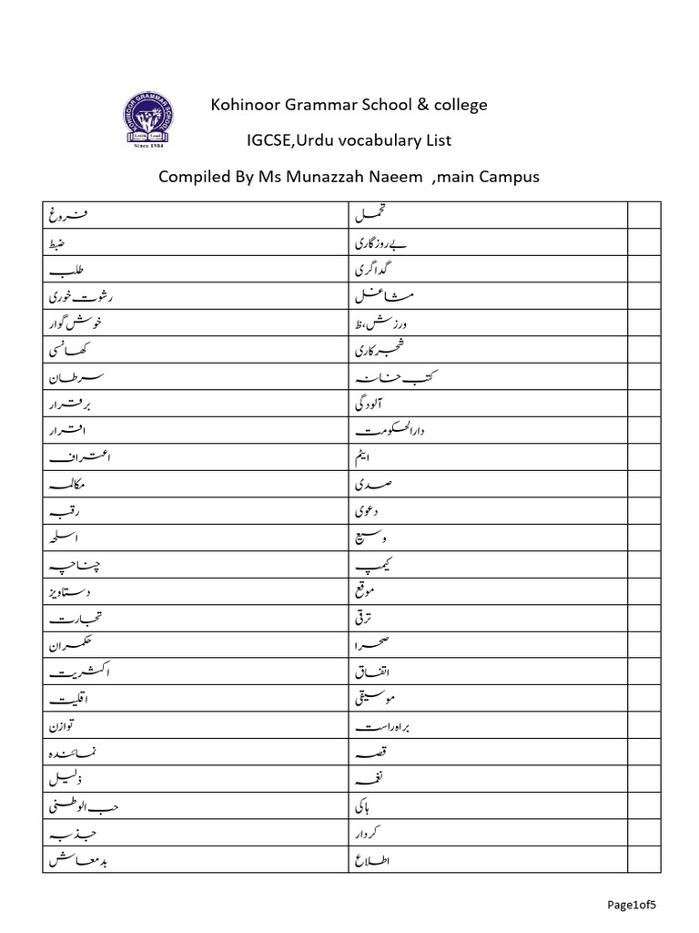 Urdu IGCSE Vocabulary Words | PDF