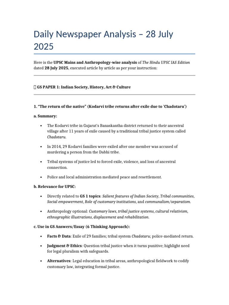Daily UPSC Newspaper Analysis 28 July 2025 | PDF | Elections | Governance