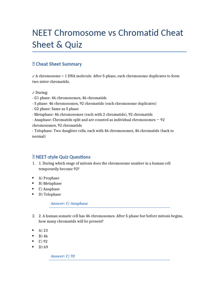 NEET Chromosome CheatSheet Quiz | PDF