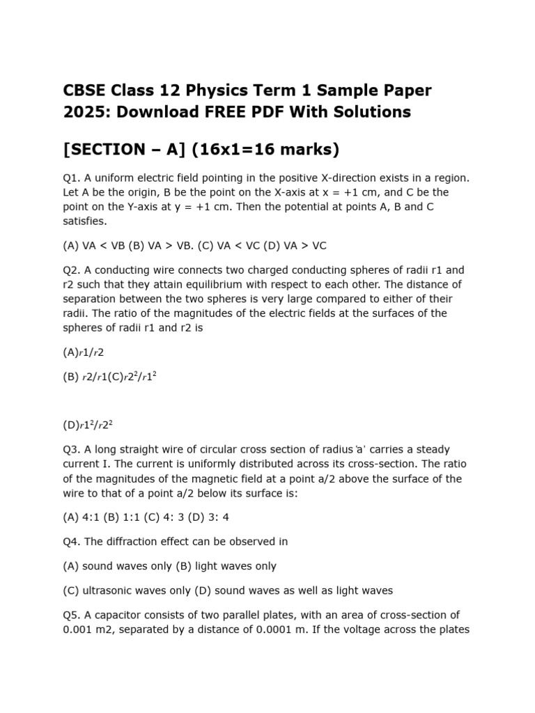 Cbse Class 12 Physics Half Yearly Sample Paper 2025 | PDF | Inductor | Atomic Nucleus