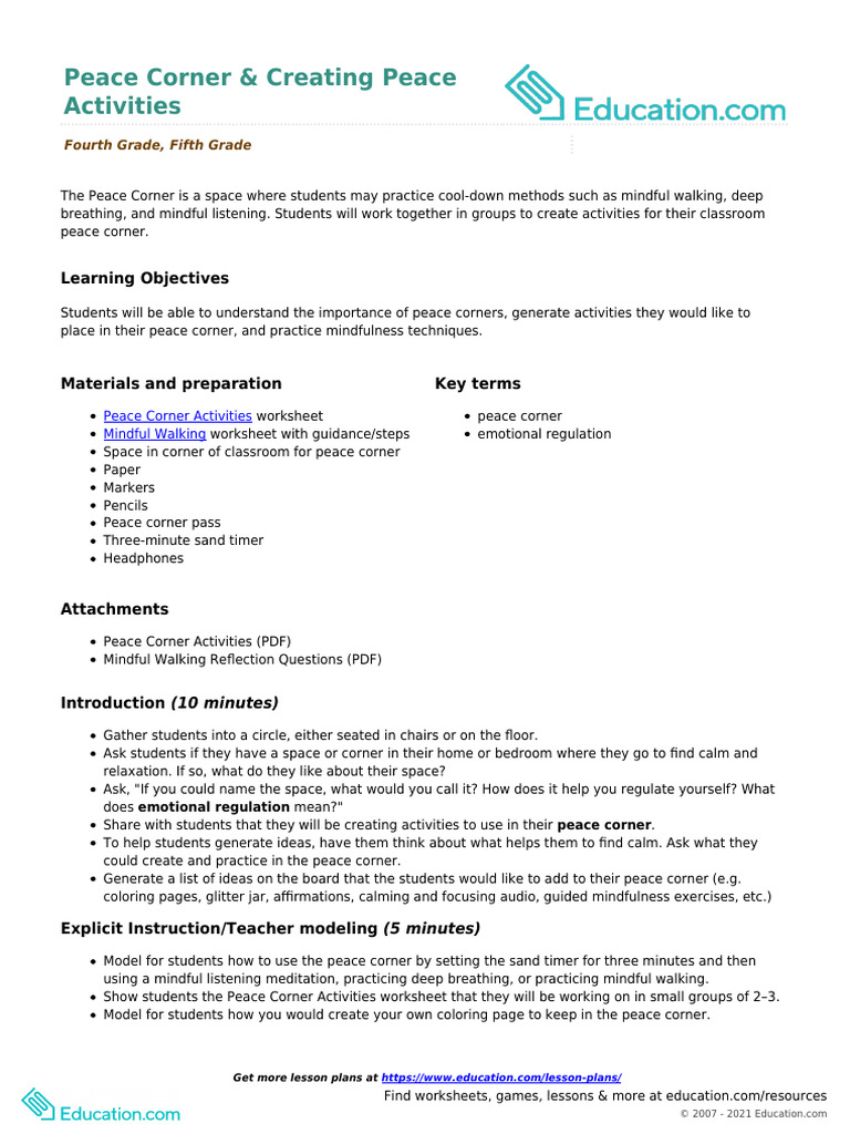 Peace Corner Activities for Mindfulness | PDF | Classroom | Relaxation ...