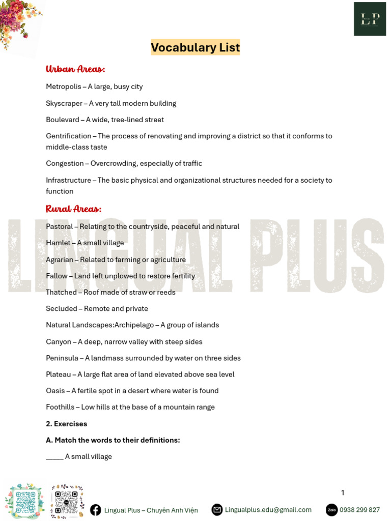 Vocabulary for Urban and Rural Areas | PDF