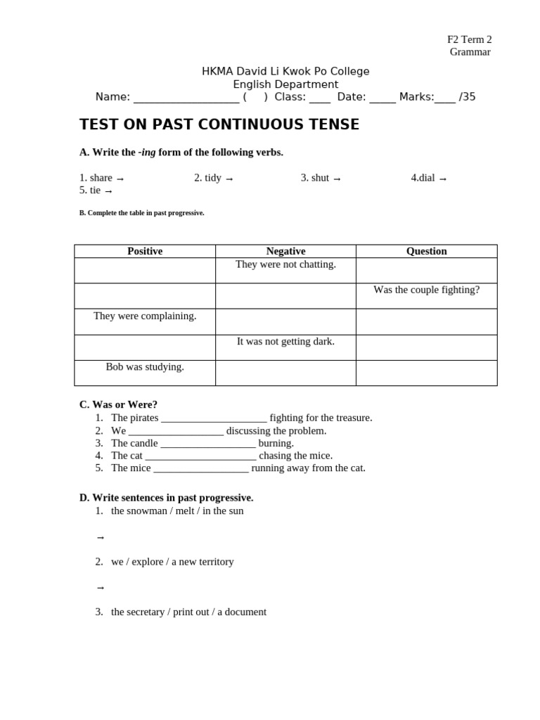 F.2 Test On Past Continuous | PDF