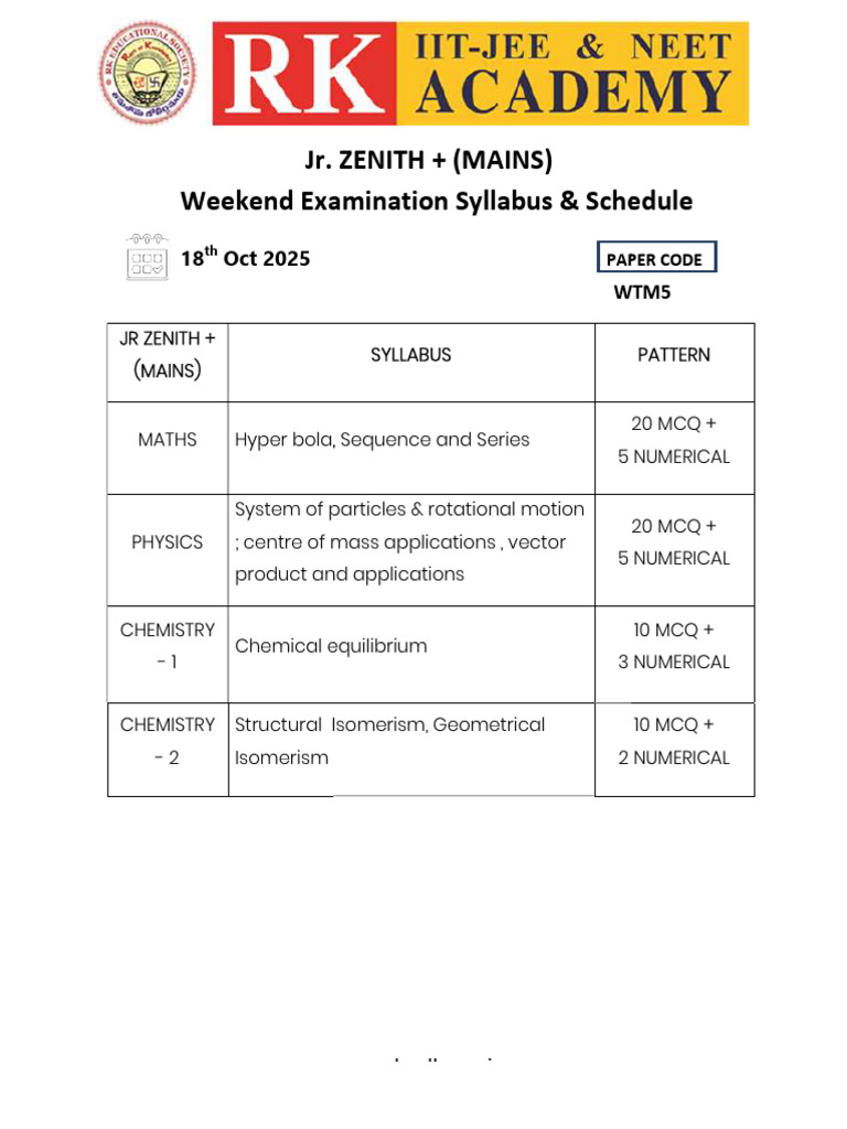 JR Zenith+ (Mains) WTM - Syllabus | PDF
