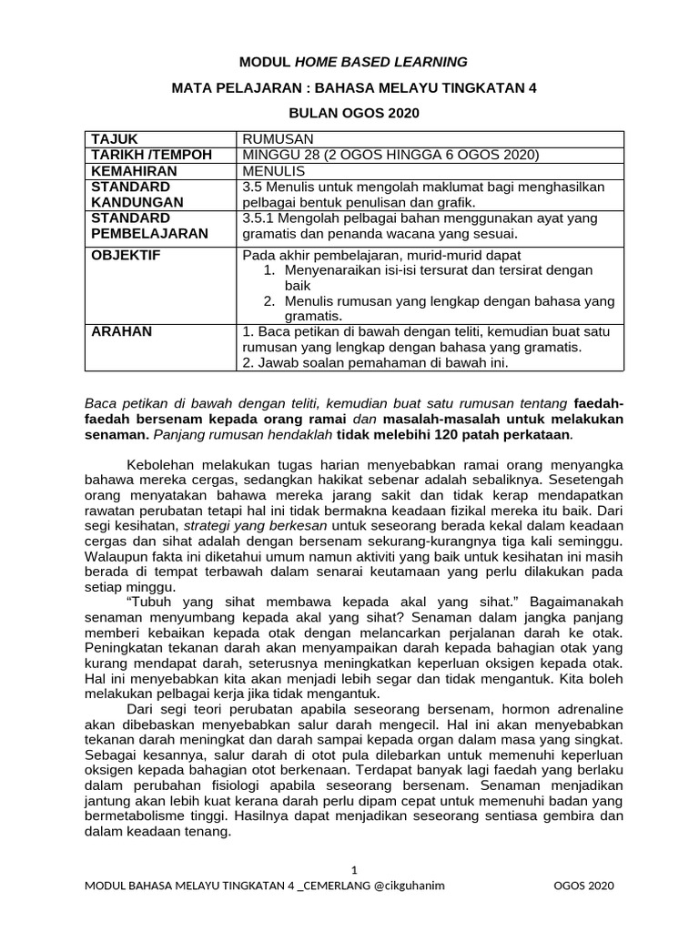 Modul Home Based Learning Ting 4 Ogos | PDF