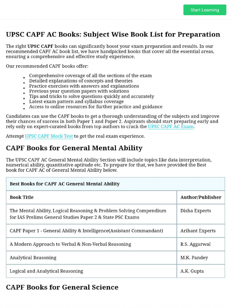UPSC CAPF AC Books - Subject Wise Book List For Preparation | PDF