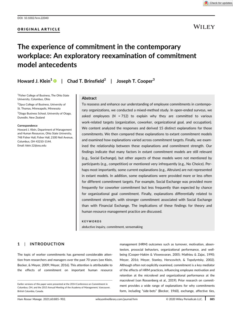 The Experience of Commitment in The Contemporary Workplace - An ...