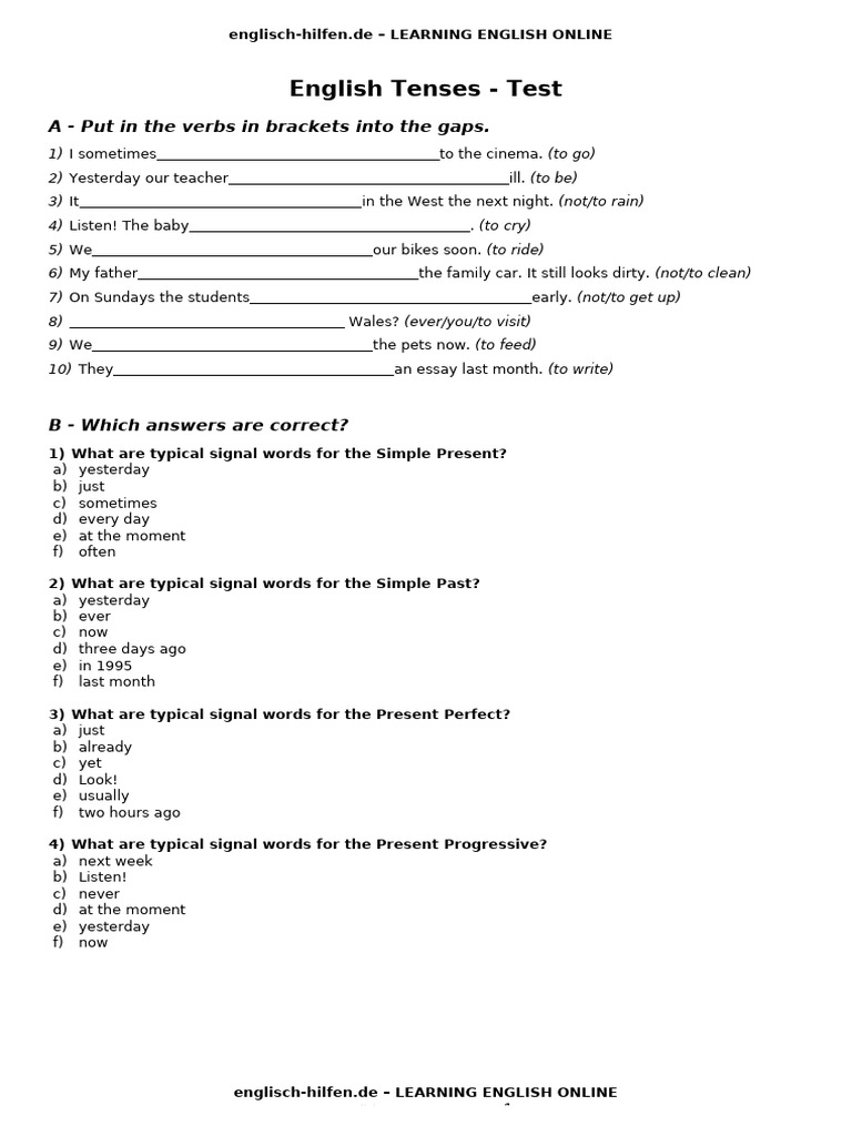 English Tenses Test for Learners | PDF | Semantics | Language Mechanics