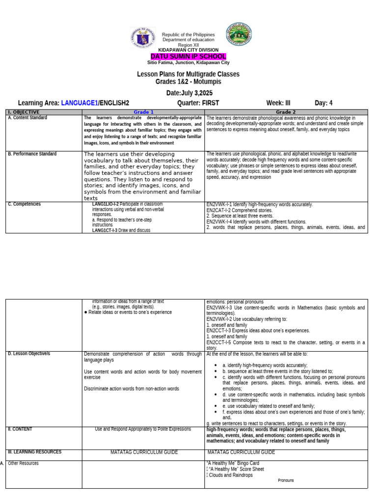 MG Day 4 Lesson Plan g1&g2 Lang1 &eng2 | PDF | Vocabulary | Word