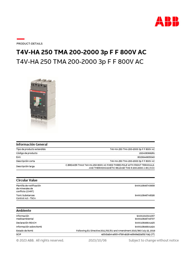 1SDA083662R1 t4v Ha 250 Tma 200 2000 3p F F 800v Ac | PDF