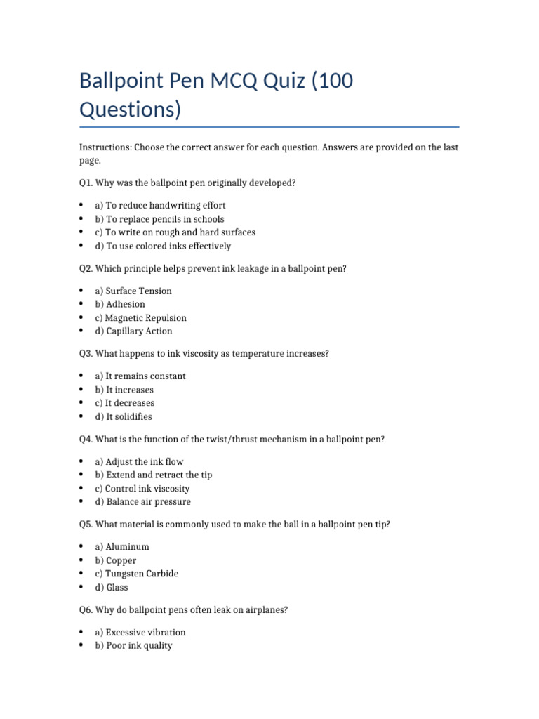 Ballpoint Pen Quiz: 100 MCQs | PDF | Pressure | Force