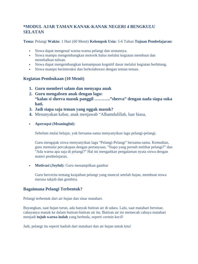 Modul Ajar Pelangi untuk TK 4 Bengkulu | PDF