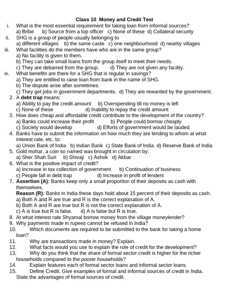 Class 10 Money and Credit Test | PDF | Loans | Credit