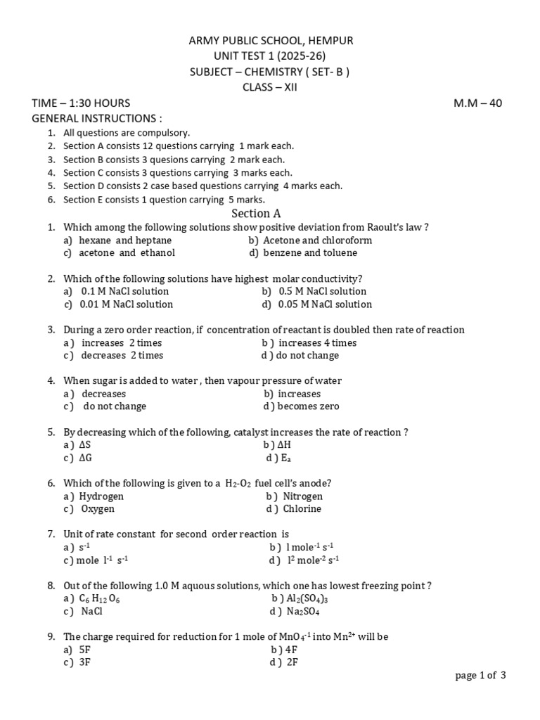 Chemistry Unit Test 1 Class XII 2025-26 | PDF | Reaction Rate | Chemistry