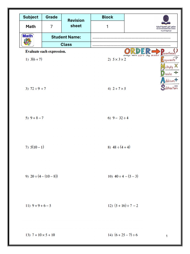 Maths Grade7 B1 W4 U1 RevisionSheet1 Extra (Ass - 251015 - 170450 | PDF