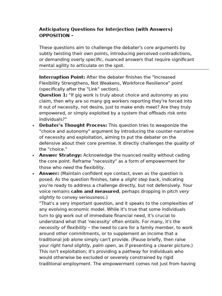 Anticipatory Questions For Interjection - OPPOSITION | PDF ...