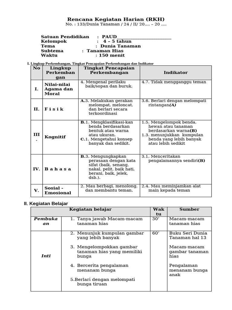 Rencana Kerja Harian PAUD 4-5 Tahun Tema 6. Tanaman Minggu Ke 24 | PDF