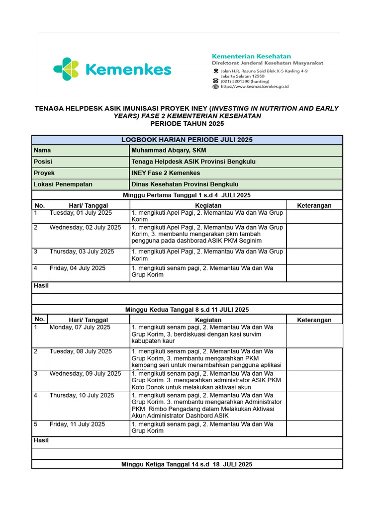 Form Logbook Helpdesk Asik 2025.Xlsx - HD Bengkulu (Juli) | PDF