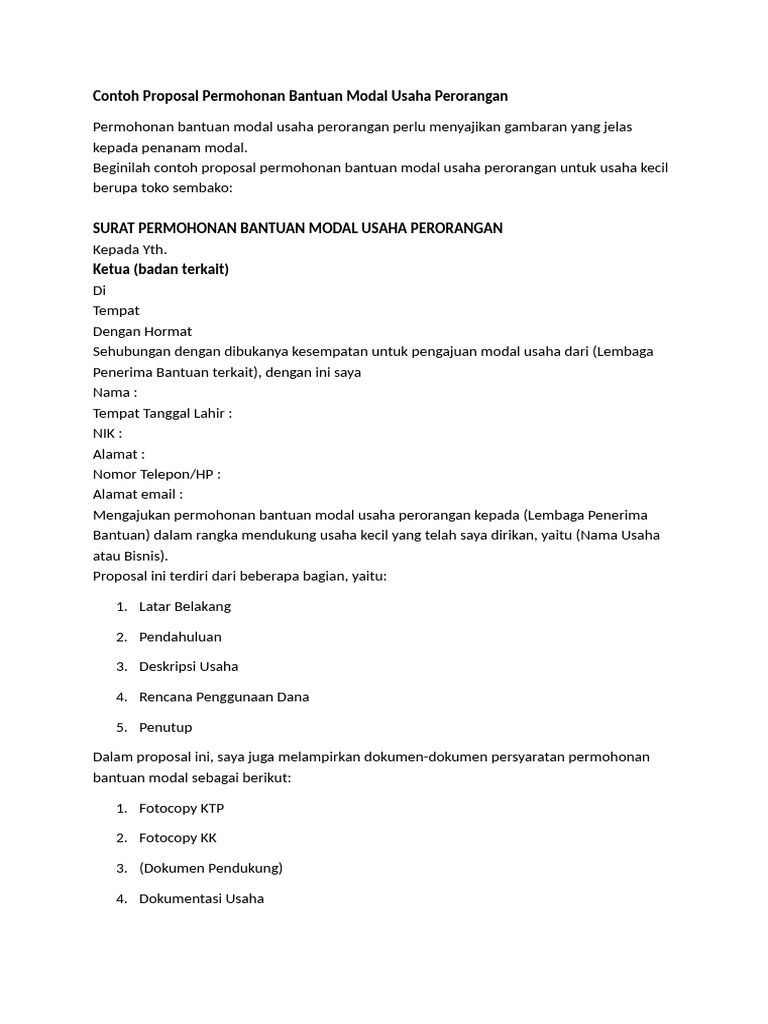 Contoh Proposal Permohonan Bantuan Modal Usaha Perorangan | PDF