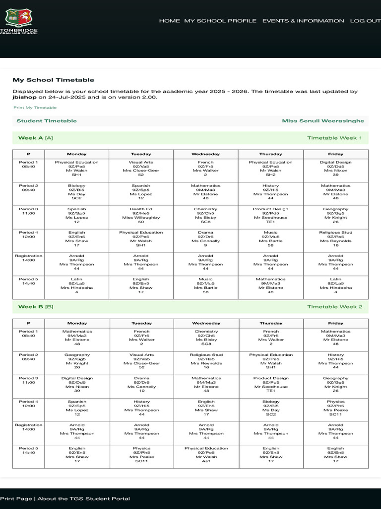 TGS Student Timetable 2025-2026 | PDF
