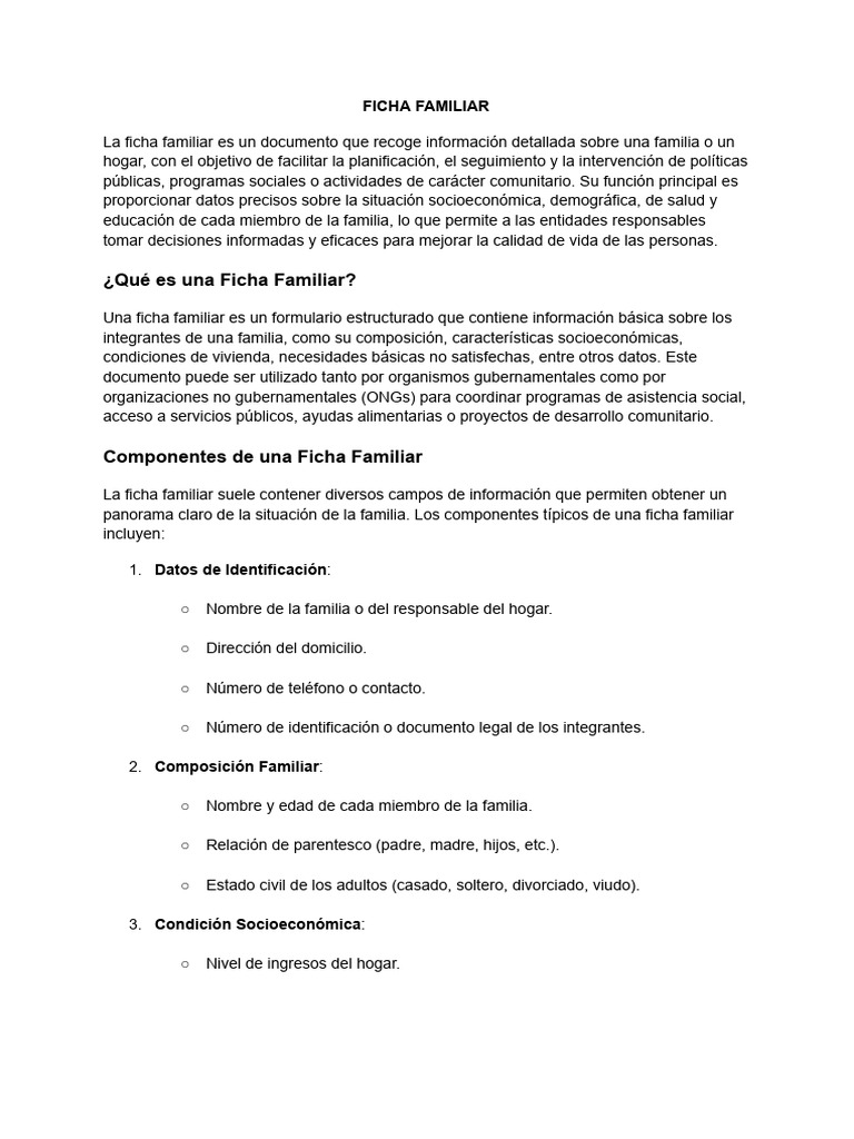 Importancia de la Ficha Familiar en Políticas Sociales | PDF | Cuidado ...