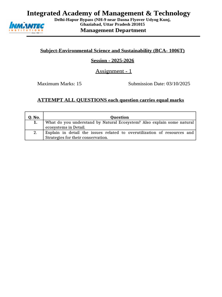 Assignment BCA EVS 1 | PDF