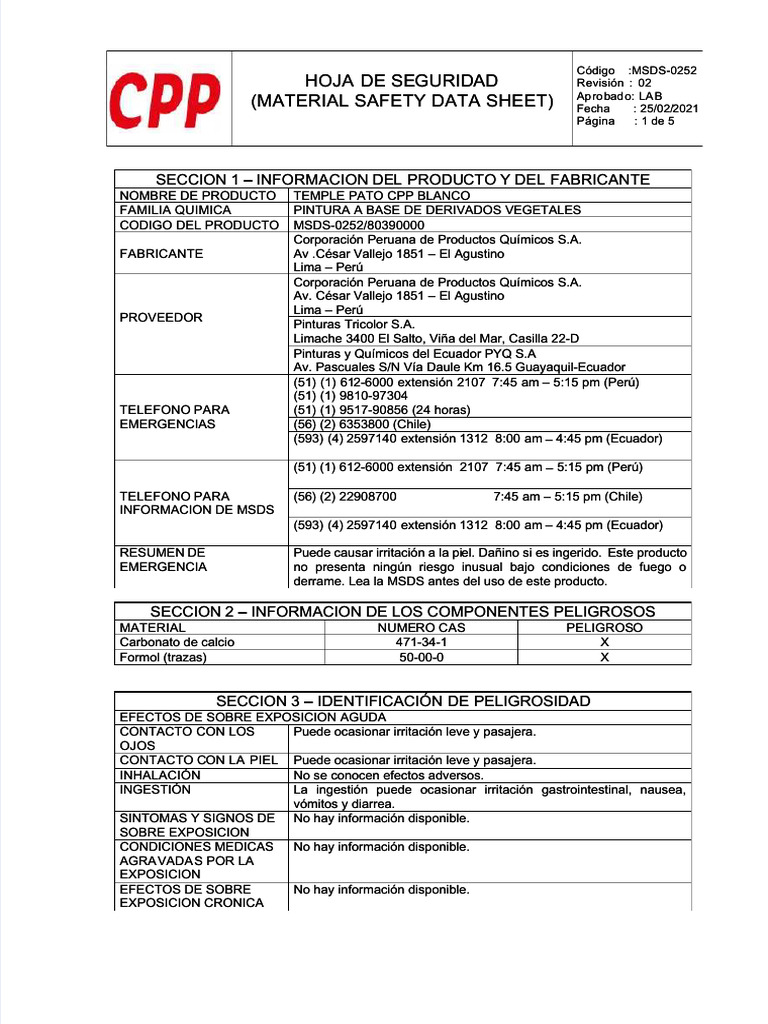 PDF Pinturas CPP Bases Temple Pato Ficha de Seguridad Compress | PDF