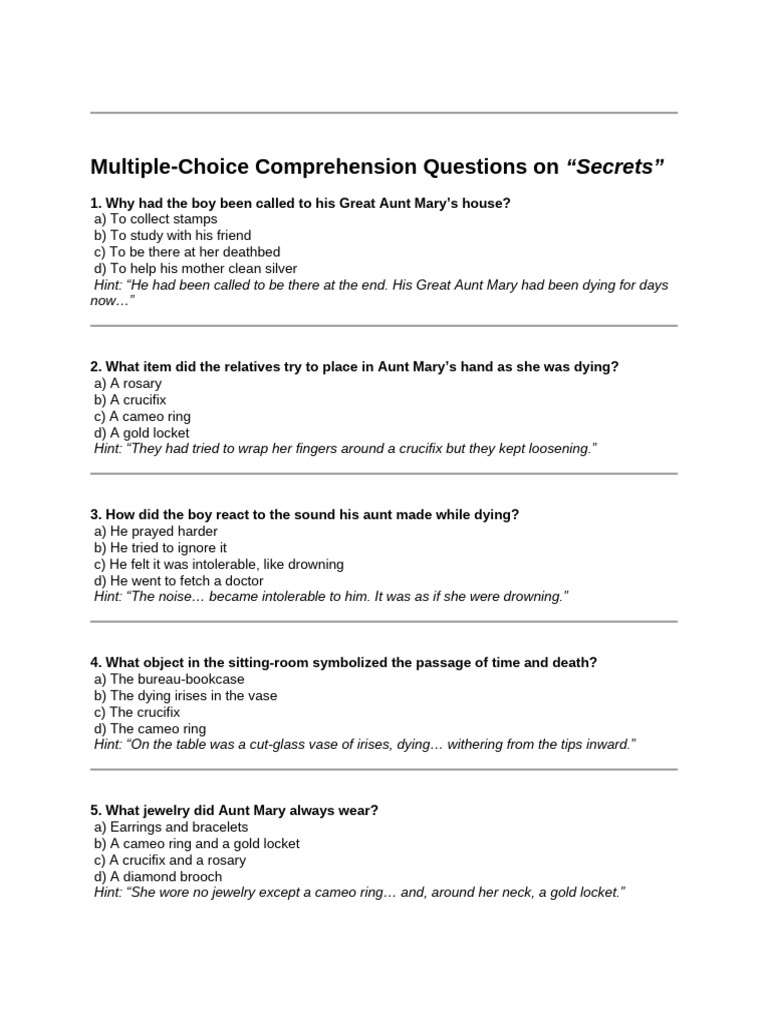 Multiple-Choice Questions On "Secrets" | PDF | Great Expectations