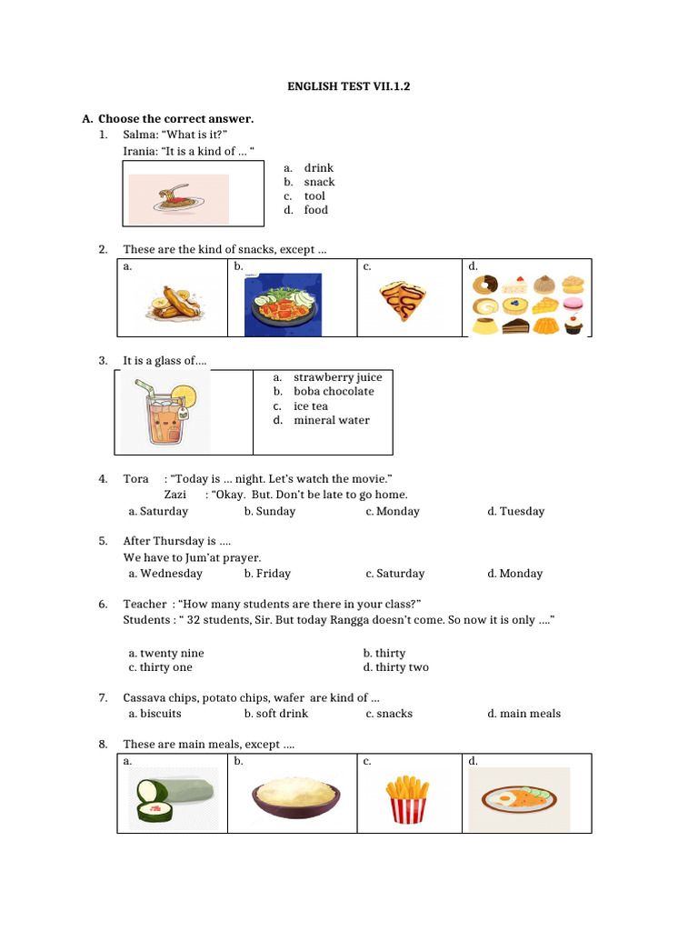 English Test Grade 7.1.2 Kumer | PDF | Taste | Foods