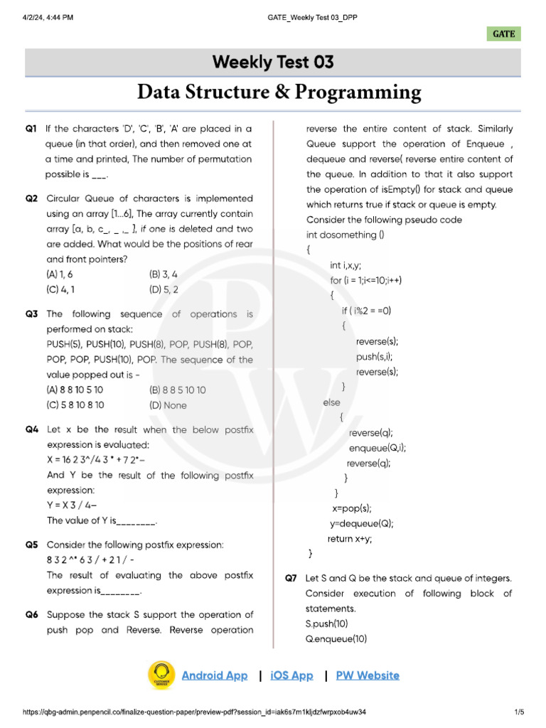 Data Structure & Programming Weekly Test 03 Test Paper | PDF