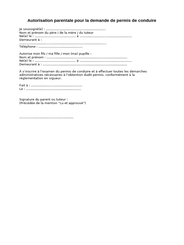 Autorisation Parentale Permis Conduire | PDF