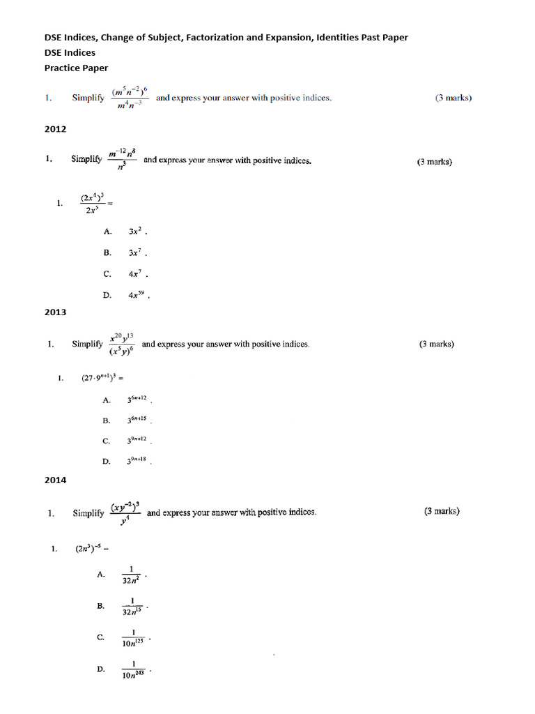 2012-25 DSE Indices, Change of Subject, Factorization and Expansion ...