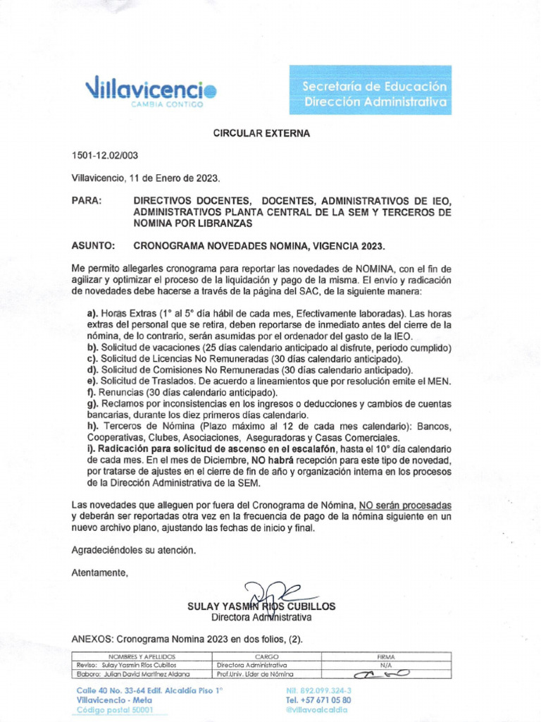 Circular Externa 003 - Cronograma Novedades Vige | PDF