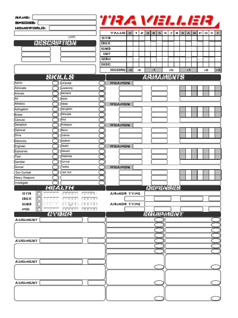 Traveller - Form Fillable - 4 Page Charcter Sheet | PDF