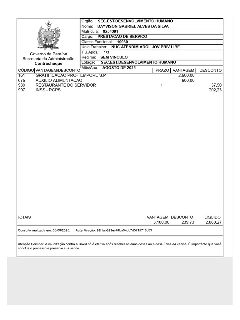 Contracheque Dayvison Alves - Agosto 2025 | PDF