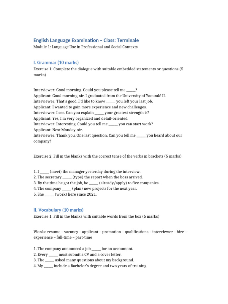 English Exam: Professional Language Skills | PDF | English Language ...