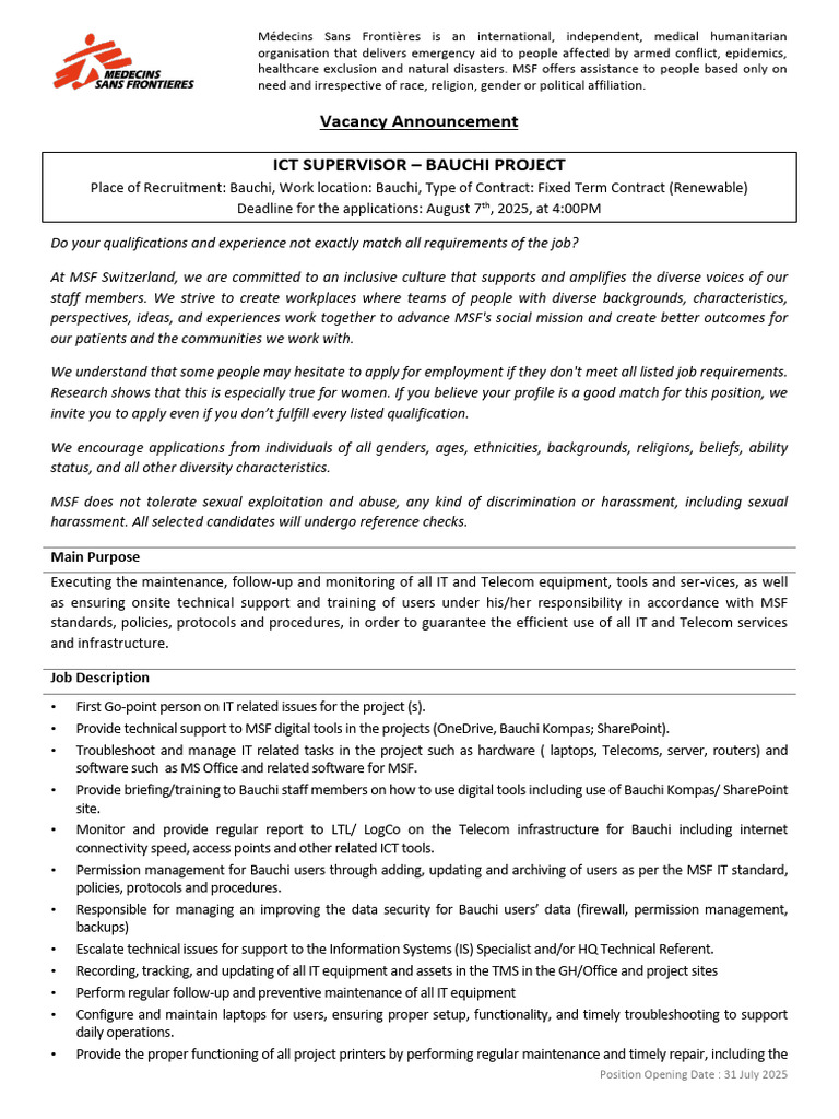 ICT Supervisor Vacancy at MSF Bauchi | PDF | Médecins Sans Frontières ...