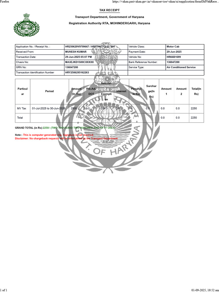 Tax Receipt Transport Department, Government of Haryana Registration ...