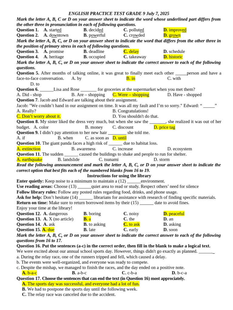 English Practice Test Grade 9 July 7 | PDF | Natural Gas | Moon