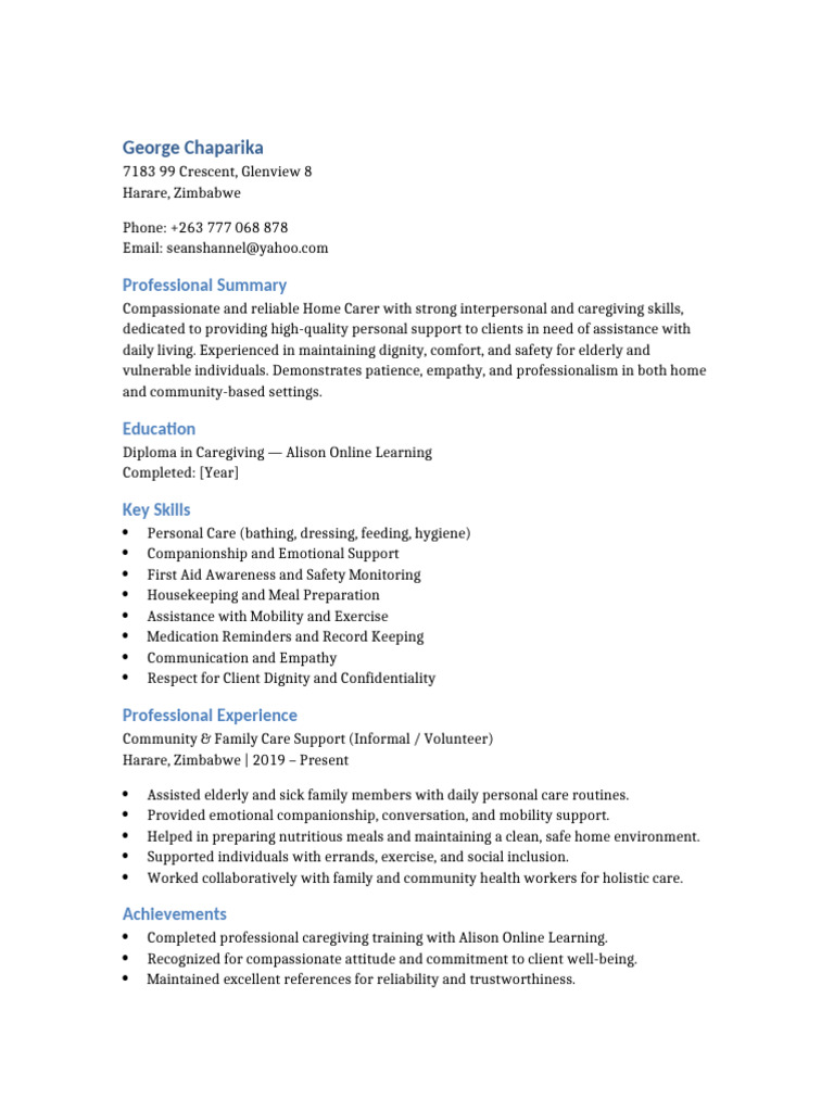 George Chaparika Home Carer CV | PDF