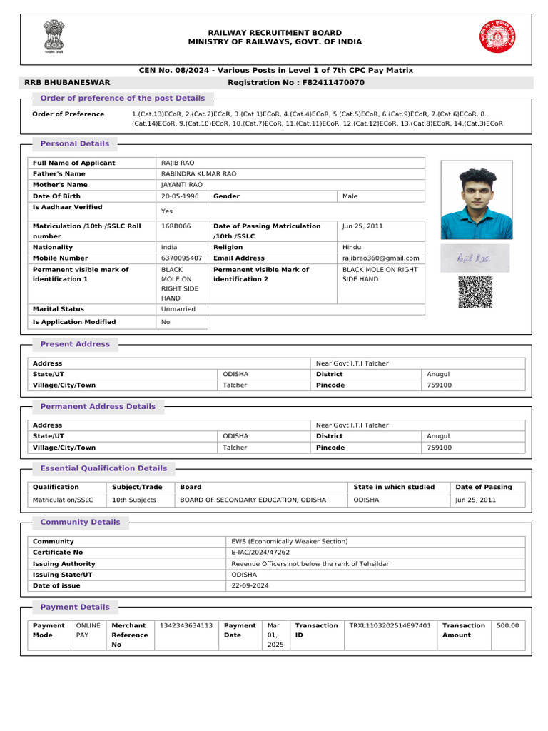 Order of Preference of The Post Details: Railway Recruitment Board ...