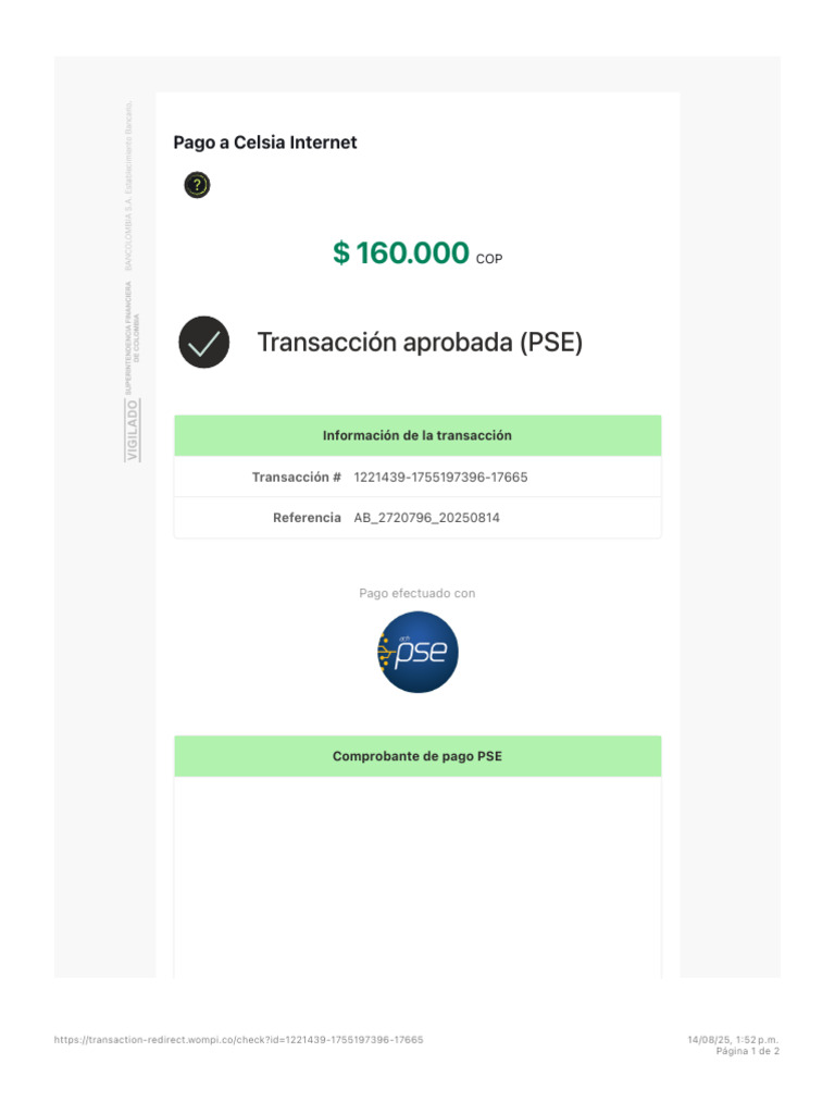 Pago PSE a Celsia Internet Aprobado | PDF