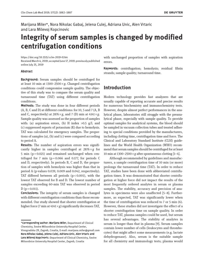 Integrity of Serum Samples Is Changed by Modified Centrifugation | PDF ...