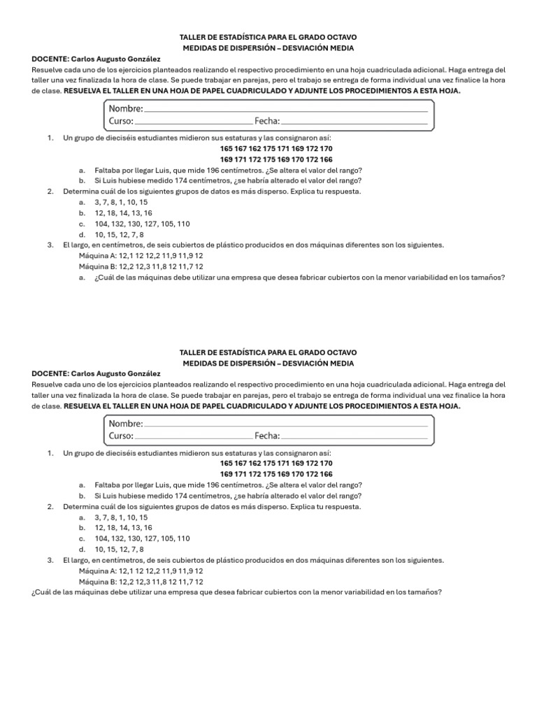 Taller de Estadística Desviación Media y Rango | PDF | Estadísticas ...
