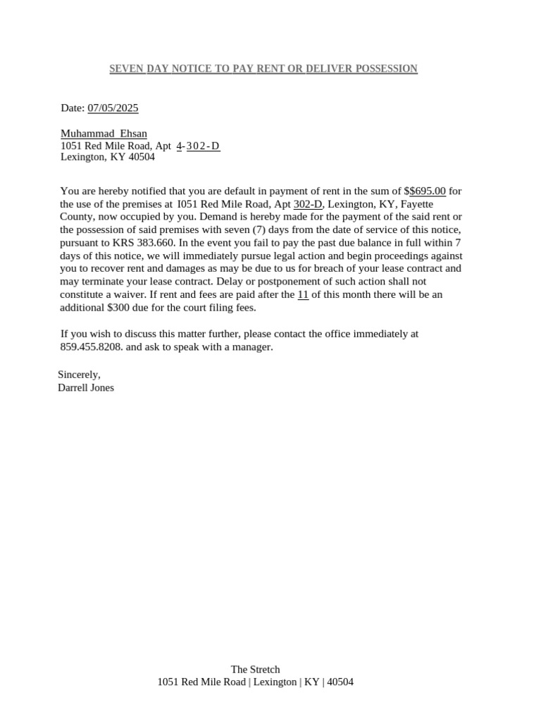 Seven DAY Notice TO PAY Rent OR Deliver Possession | PDF