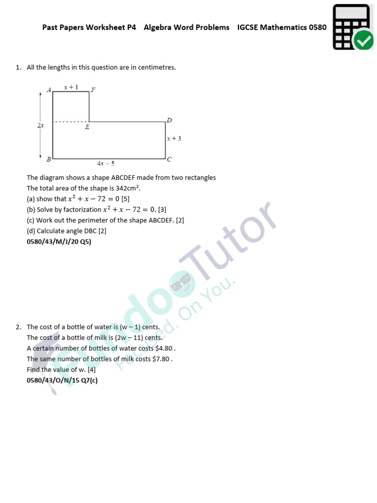 IGCSE Algebra Word Problems Solutions | PDF | Algebra | Mathematics