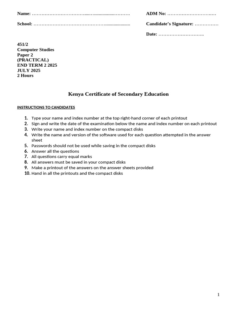 f4 Computer Pp2 QN End t2 Teacher Co Ke | PDF | Science | Computer Science