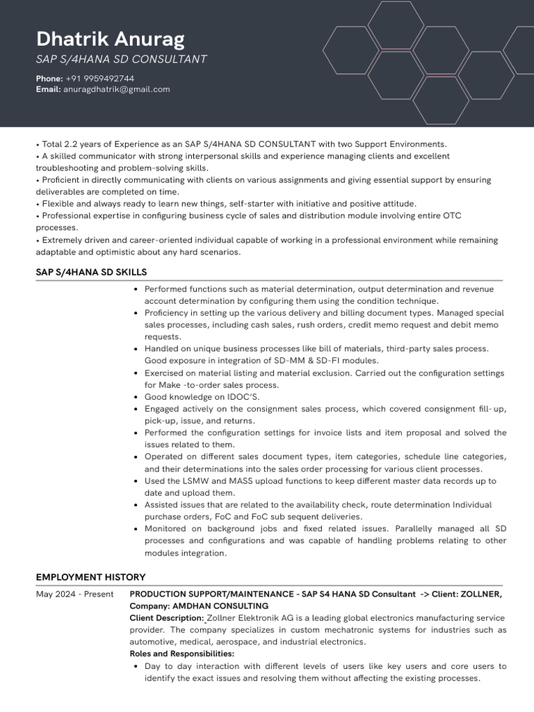 Dhatrik - Anurag - Sap s4 Hana SD Consultant | PDF | Sales | Computing