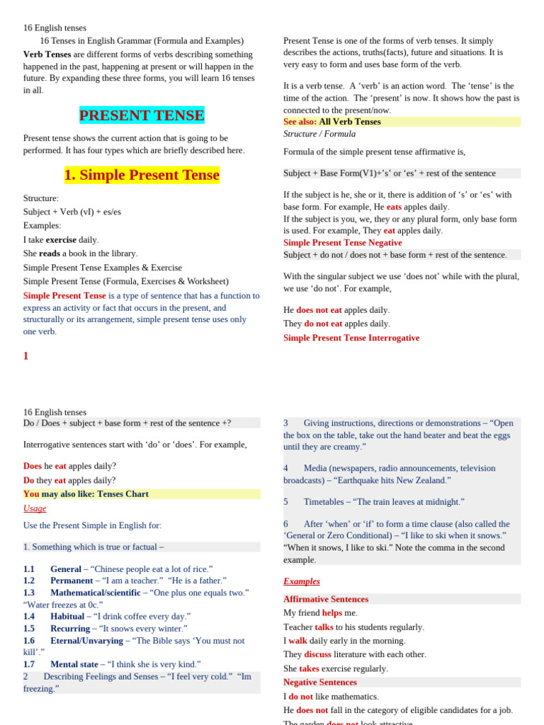 16 English Tenses Explained | PDF | Perfect (Grammar) | Verb