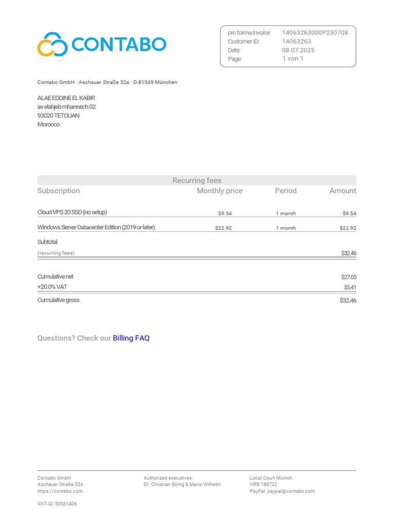 Proforma Invoice for Cloud VPS Subscription | PDF
